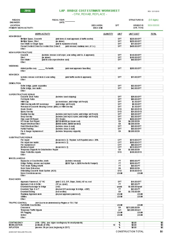 2016 LAP Bridge Scoping Cost Estimate Worksheets 511495 7 | PDF ...