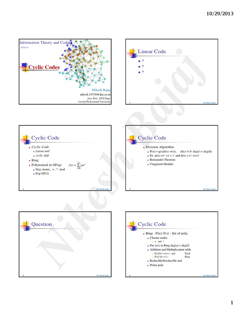 Information and Coding Theory ECE533 - Lec-6 Cyclic Codes v4.0 | Download Free PDF | Naming ...