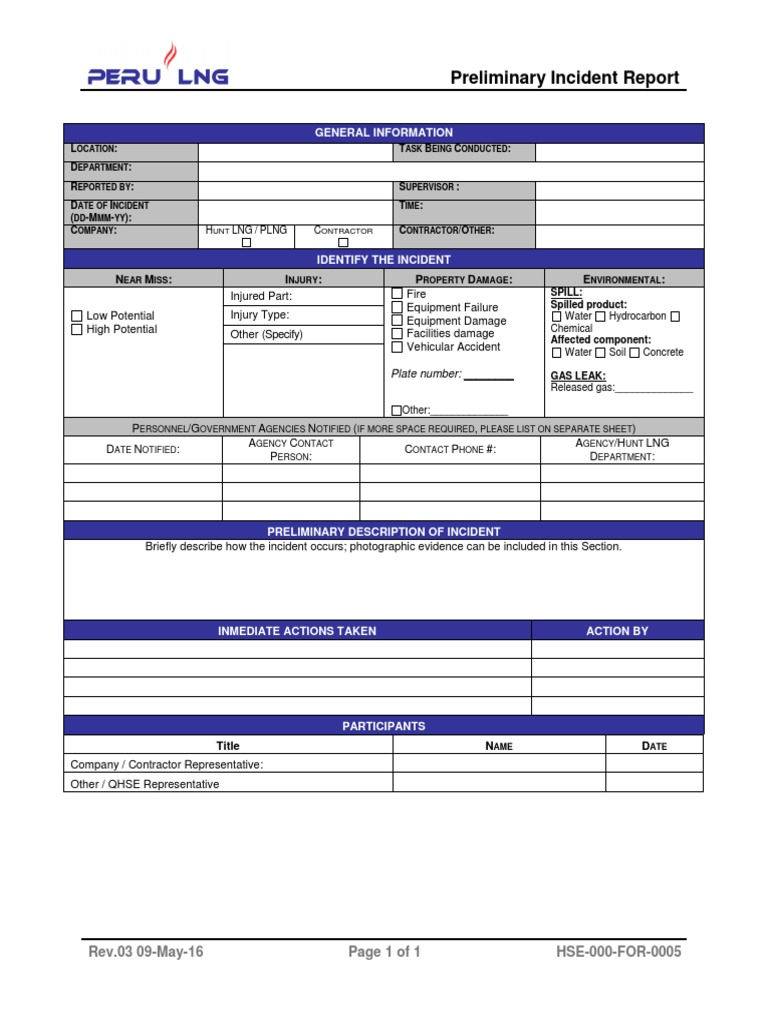 HSE-000-For-0005 Preliminary Incident Report Form | Accident (General ...