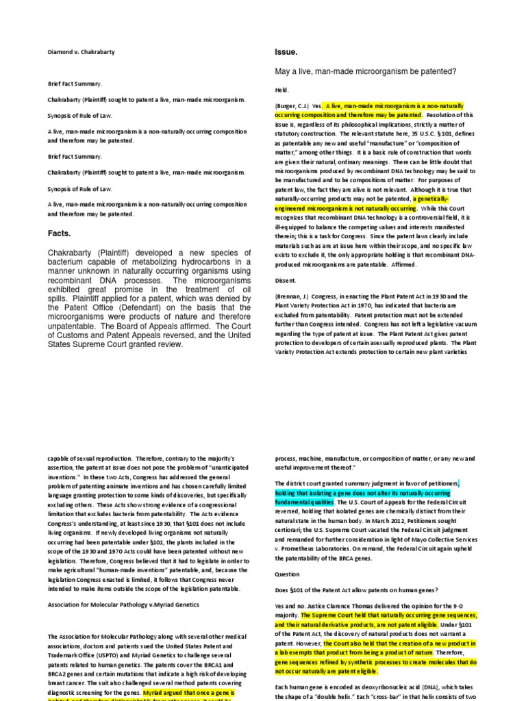 Issue.: Diamond v. Chakrabarty | PDF | Gene | Patent