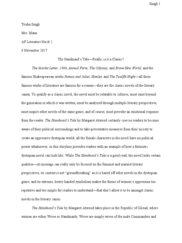 Classic Lit Essay The Handmaids Tale | PDF