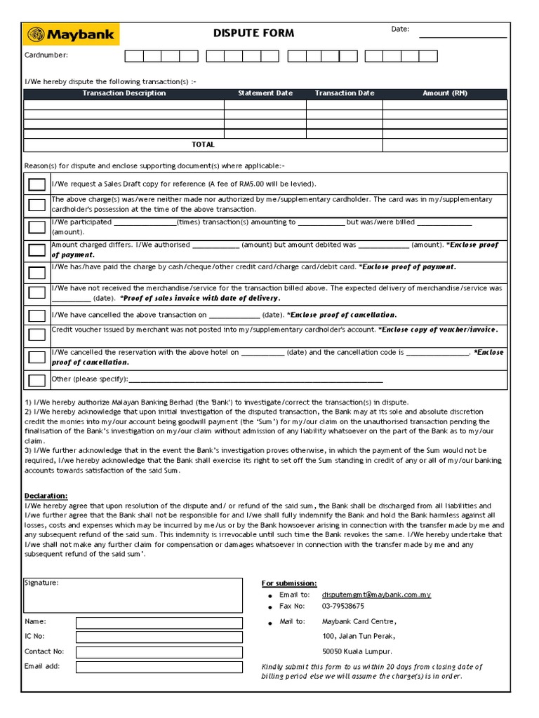 Dispute Form: Transaction Description Transaction Date Statement Date ...