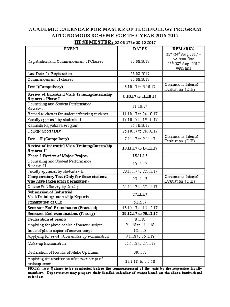 3rd Sem Mtech Calender of Events | PDF | Academic Term | Test (Assessment)