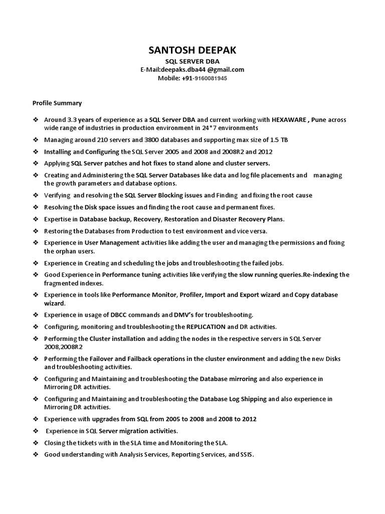 Santosh Deepak: SQL Server Dba | PDF | Microsoft Sql Server | Databases