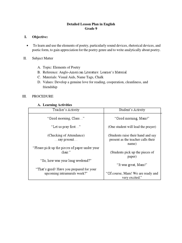 Detailed Lesson Plan in English Grade 9 I. Objective | PDF | Metre ...