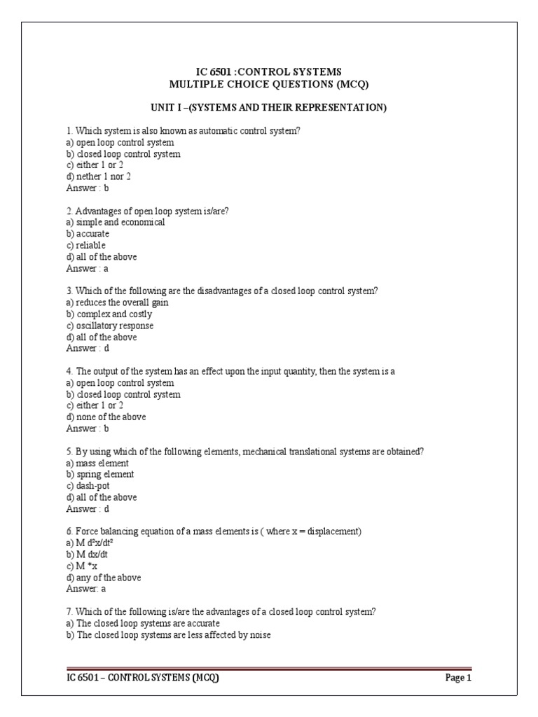 Control Systems MCQ | PDF | Stability Theory | Control Theory
