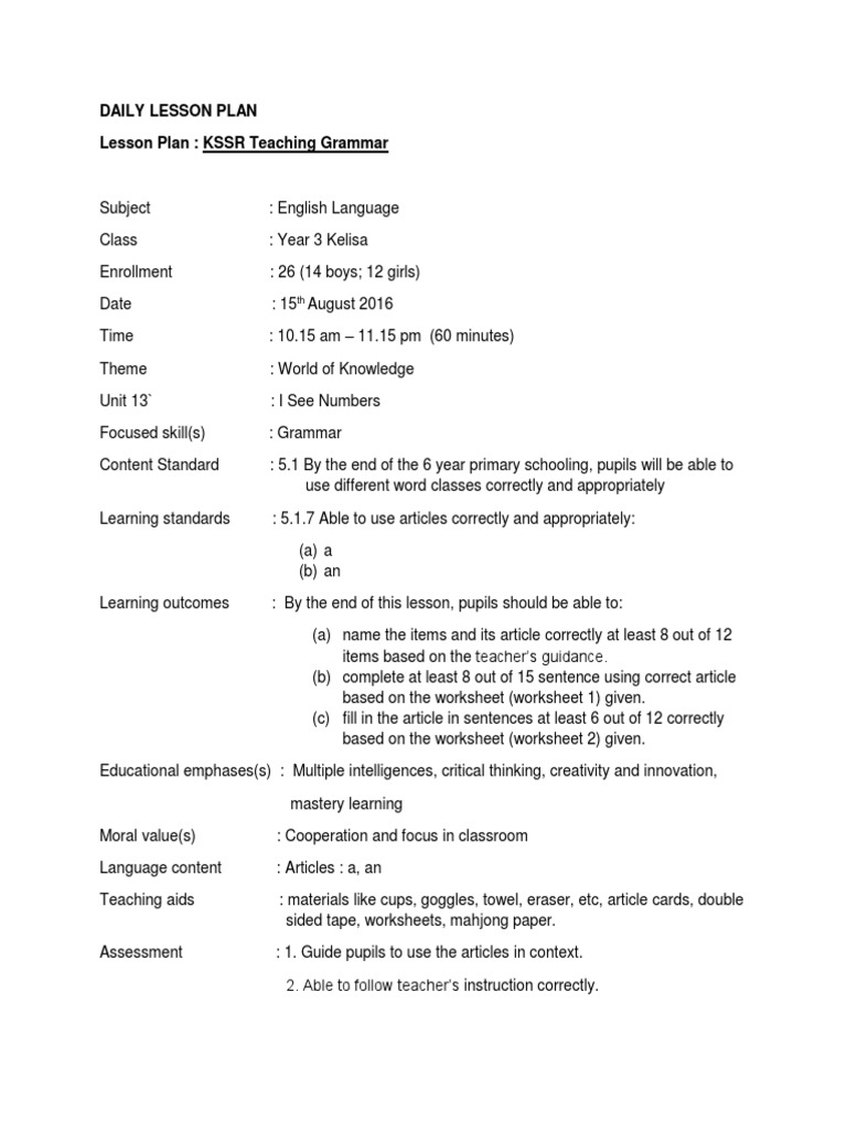 Year 3 English Grammar Lesson Plan | PDF | Lesson Plan | Teachers