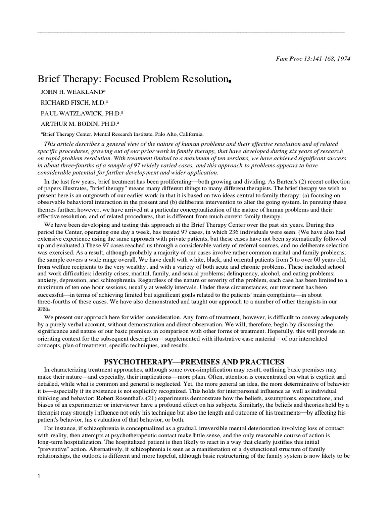 Brief Problem-Focused Therapy: An Approach to Rapid Problem Resolution ...