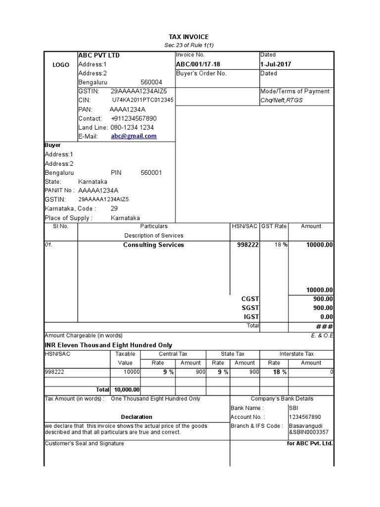 Tax Invoice Abc PVT LTD ABC/001/17-18 1-Jul-2017: Sec.23 of Rule 1 ...