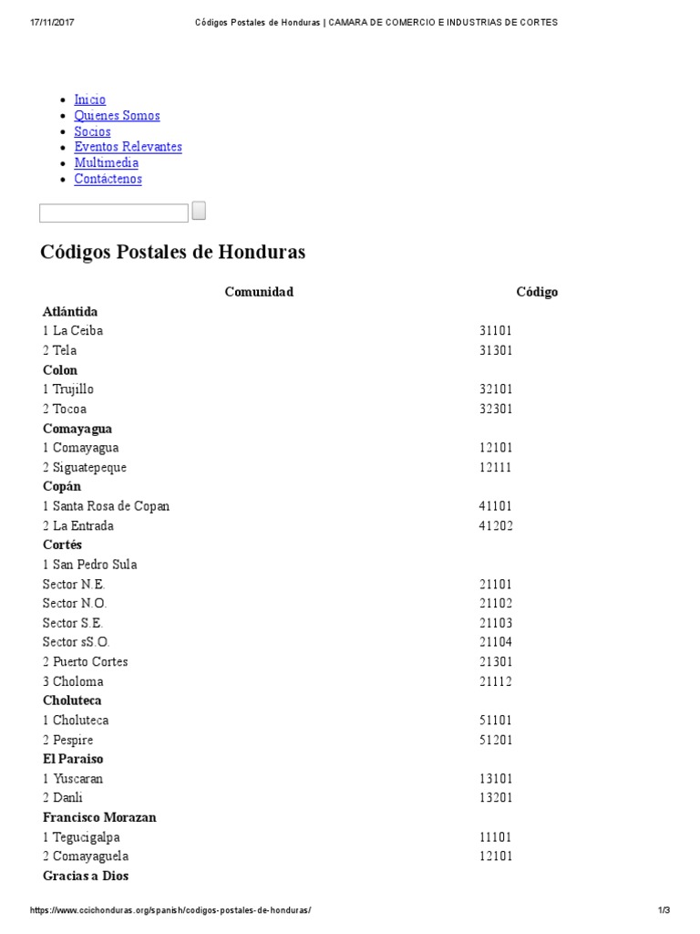 Códigos Postales de Honduras - Camara de Comercio e Industrias de ...