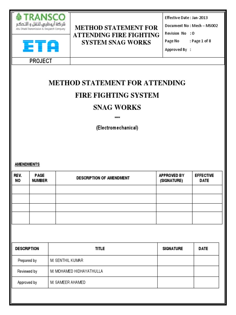 Method Statement for Attending Fire Fighting Snag Works | Firefighting ...