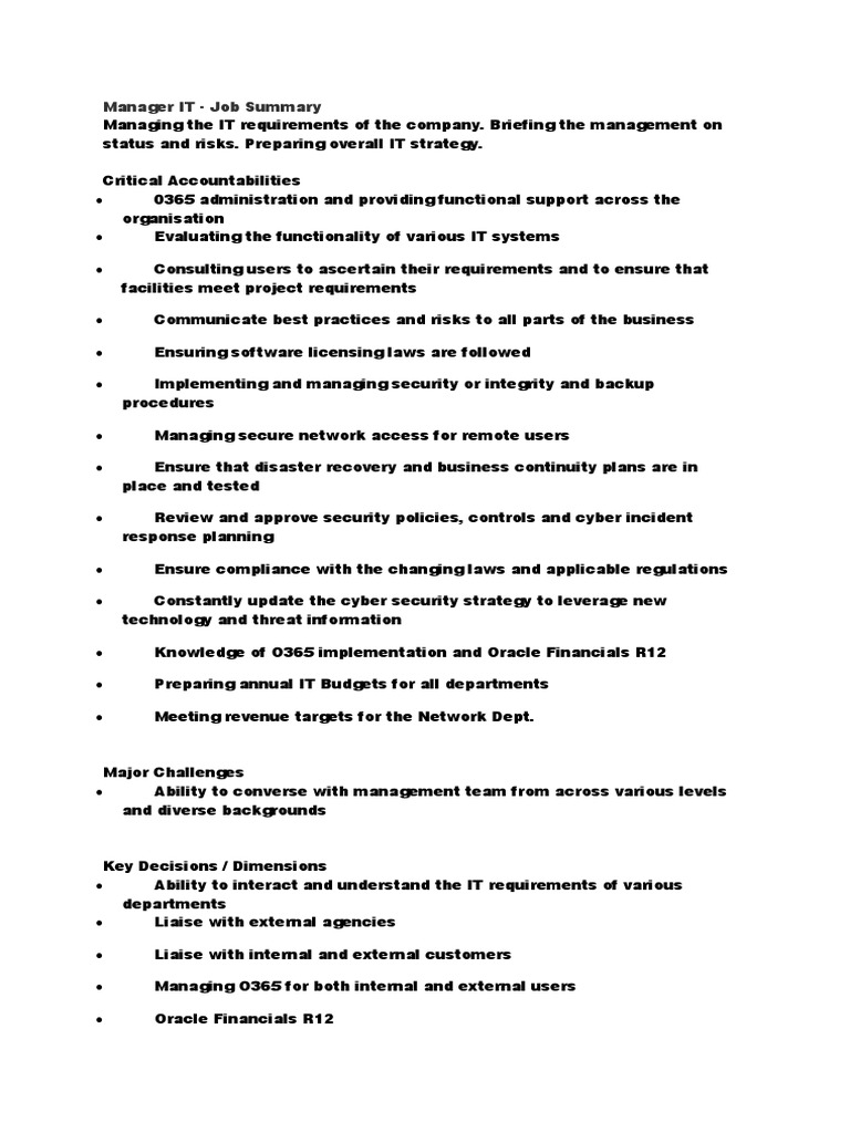 Job Description For IT Manager Profile | PDF