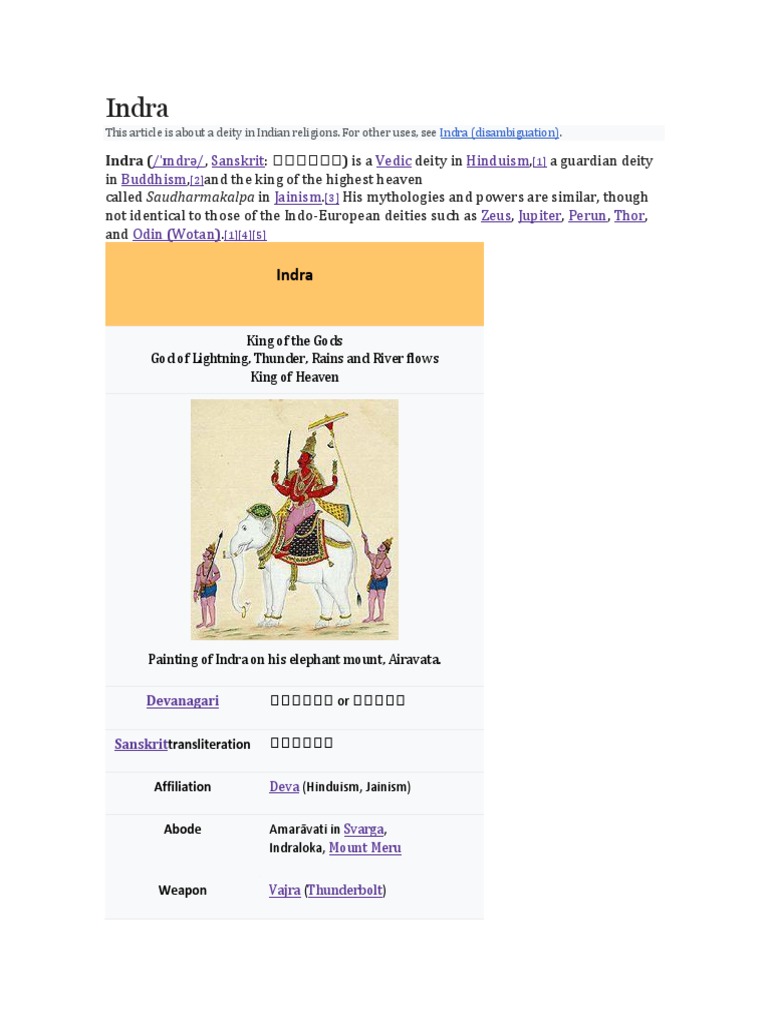 Indra: / Ɪndrə/ Sanskrit Vedic Hinduism Buddhism Jainism Zeus Jupiter ...