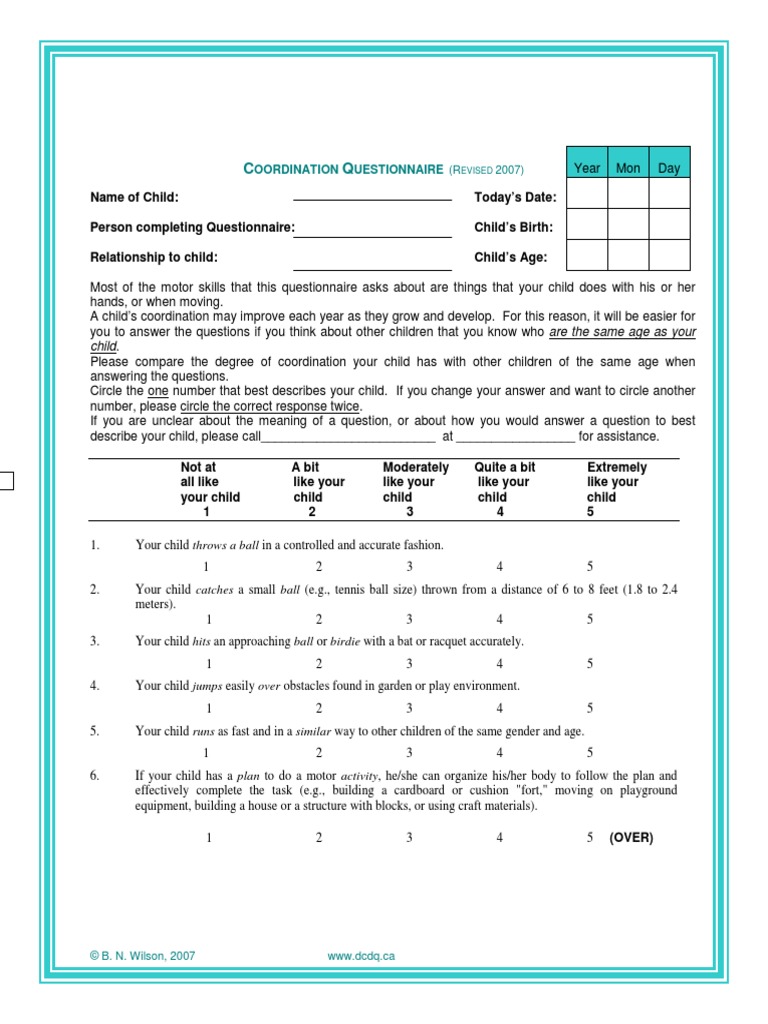 DCDQ'07 Coordination Questionnaire PDF | PDF | Questionnaire ...