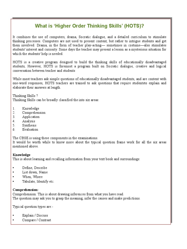 What Is Higher Order Thinking Skills HOTS | PDF | Reading Comprehension ...
