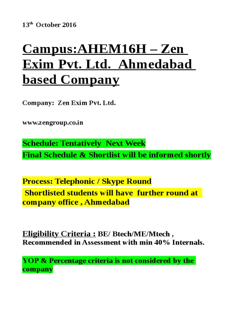 Campus:AHEM16H - Zen Exim Pvt. Ltd. - Ahmedabad Based Company | PDF
