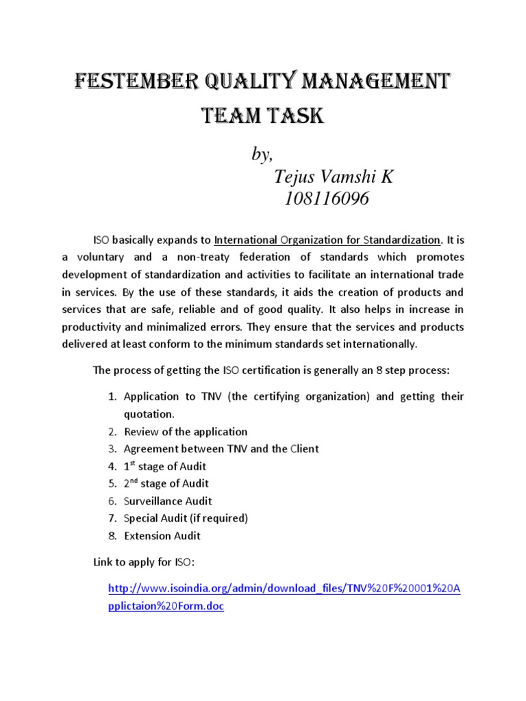 Quality Management Team Task | PDF | Audit | International Organization ...
