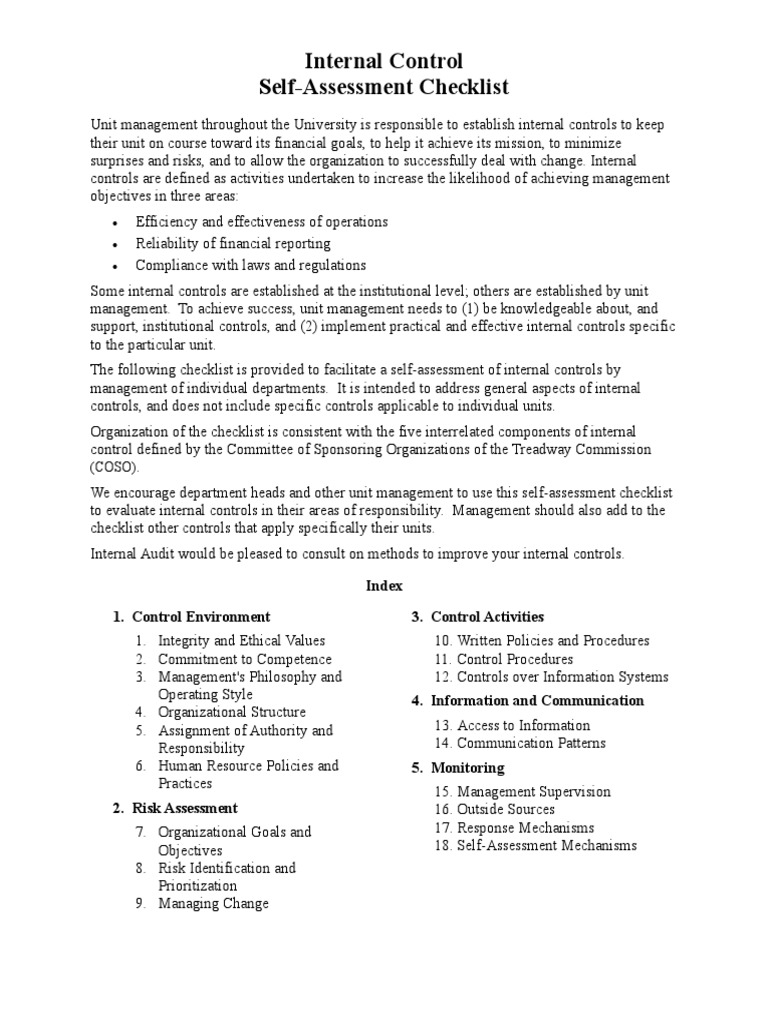 Internal Control Self-Assessment Guide | PDF | Internal Control | Risk ...