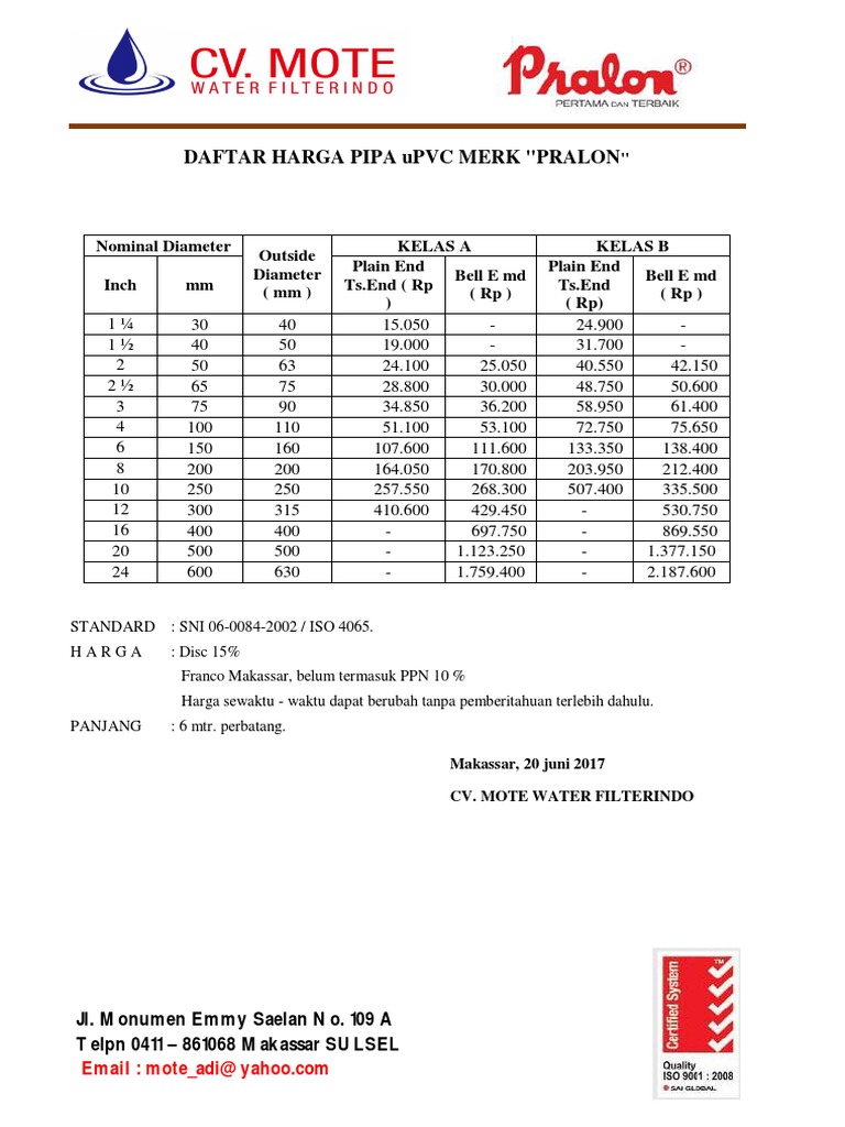 Price List Pipa UPVC Paralon | PDF