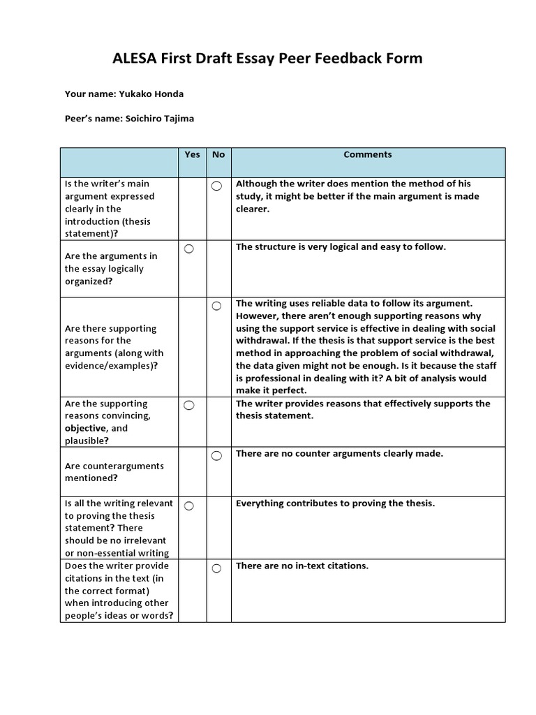 ALESA First Draft Essay Peer Feedback Form | PDF | Essays | Argument