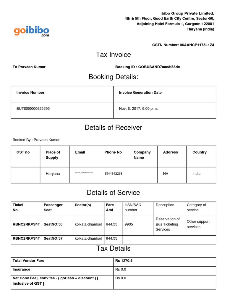 Bus Ticket From Kolkata to Dhanbad | Fee | Invoice