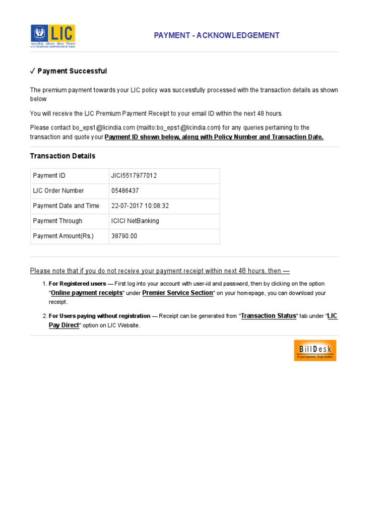 LIC Premium Payment Recipt