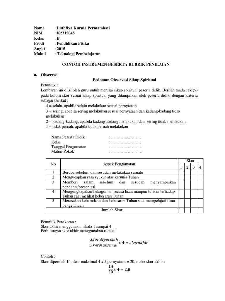 Contoh Instrumen Beserta Rubrik Penilaian | PDF | Karier & Perkembangan ...