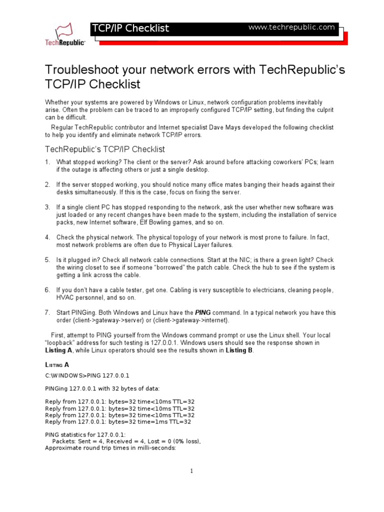 Troubleshoot Your Network Errors With Techrepublic S Tcp Ip Checklist Pdf Ip Address