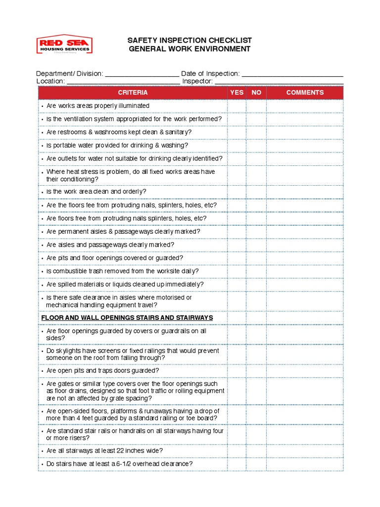 029 Gen Work Environment Checklist | Stairs | Building Engineering