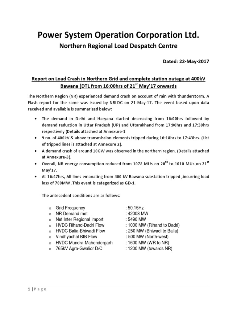 Power System Operation Corporation LTD.: Northern Regional Load ...