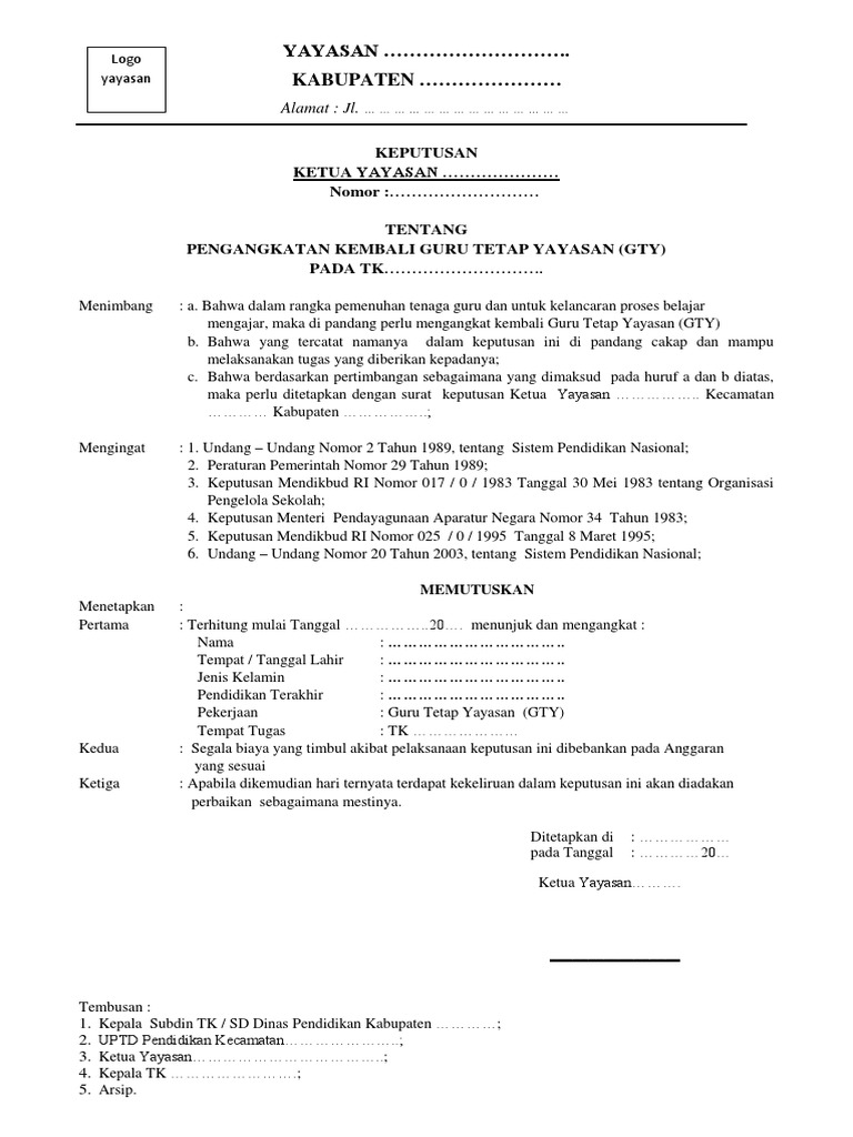 Contoh SK GTY TK Yayasan | PDF
