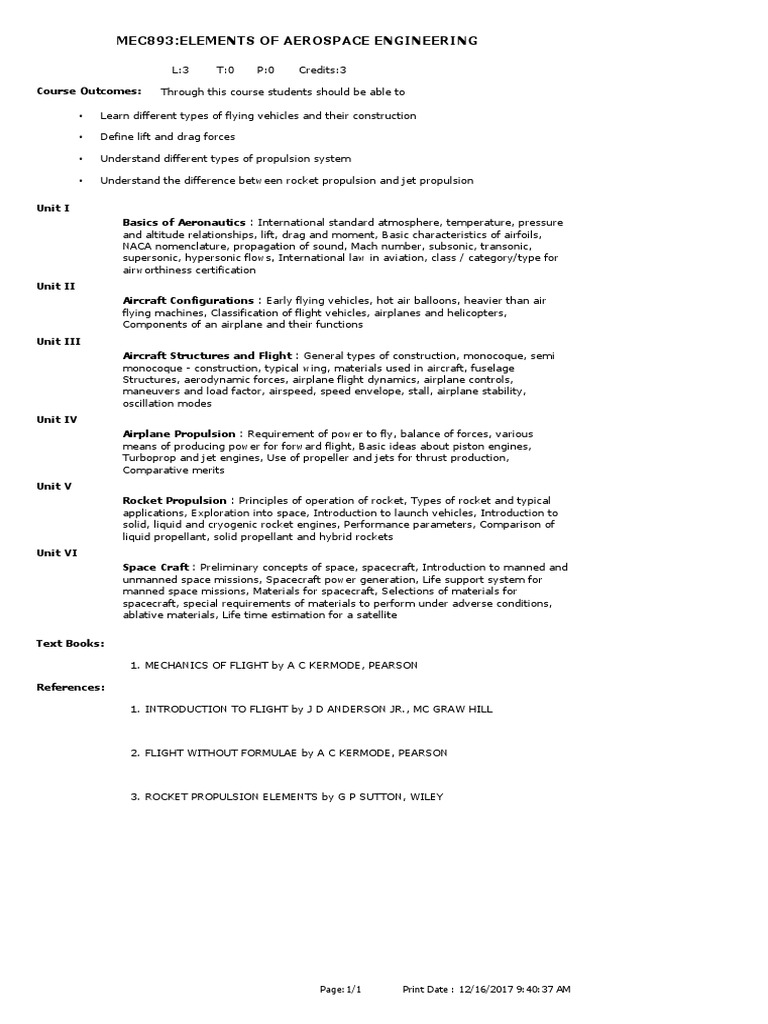 Mec893:Elements of Aerospace Engineering: Course Outcomes | PDF ...