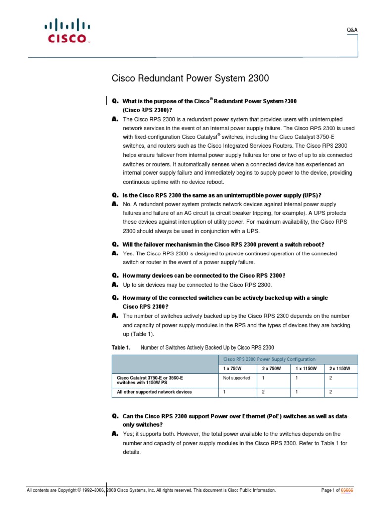 Redundant Power System 2300 Qa | PDF | Network Switch | Cisco Systems