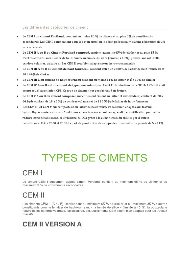 Types et classes de ciment expliqués | PDF | Ciment | Ingénierie des ...