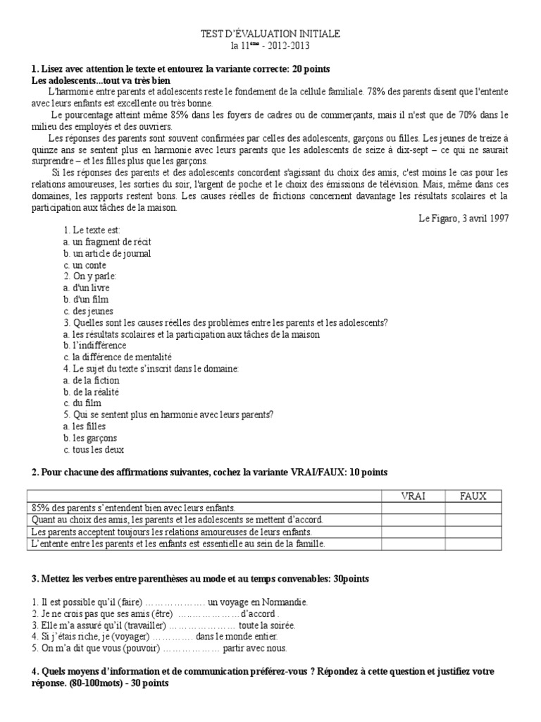 Test Franceza | PDF | Adolescence | Psychologie