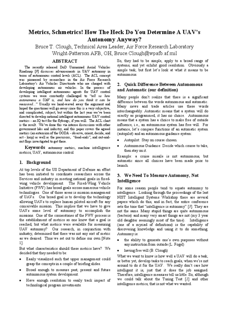 UAV Autonomy Metrics Explained | PDF | Autonomy | Situation Awareness