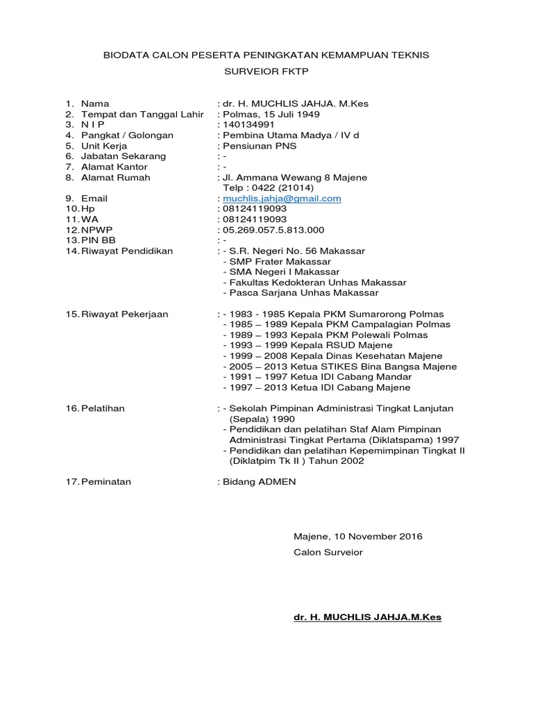 Biodata Calon Peserta Peningkatan Kemampuan Teknis DR Muchlis | PDF