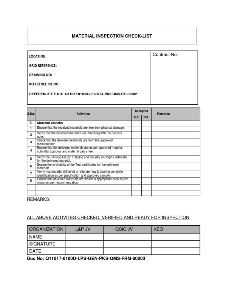 Material Inspection Check-List | PDF