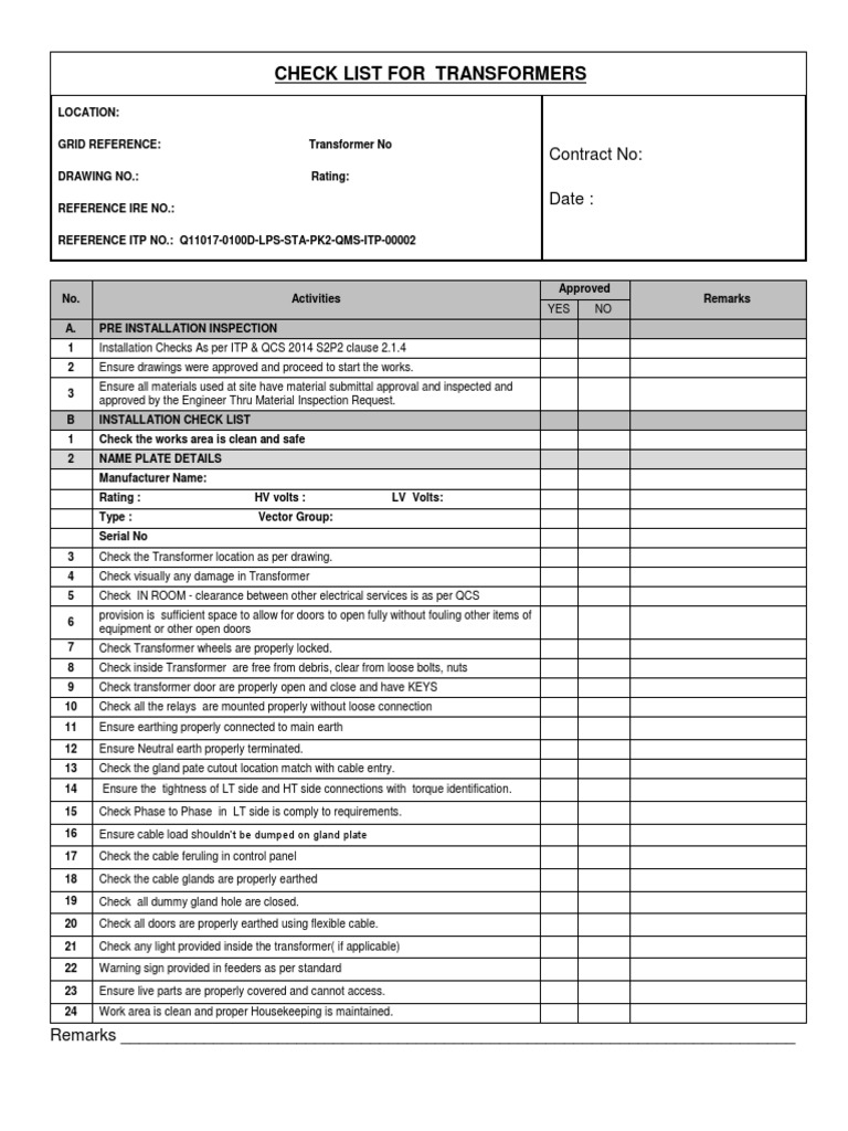 Check List For Transformers: Contract No: Date | PDF | Transformer ...