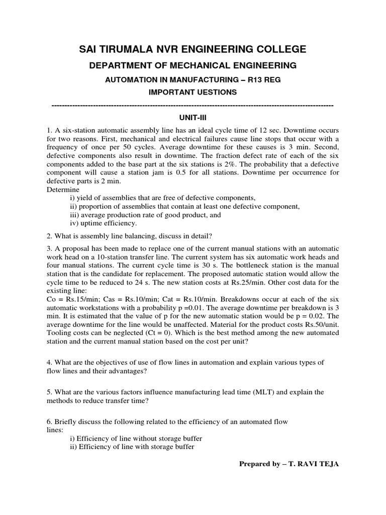 UNIT - III Automated Flowlines | PDF | Automation | Engineering