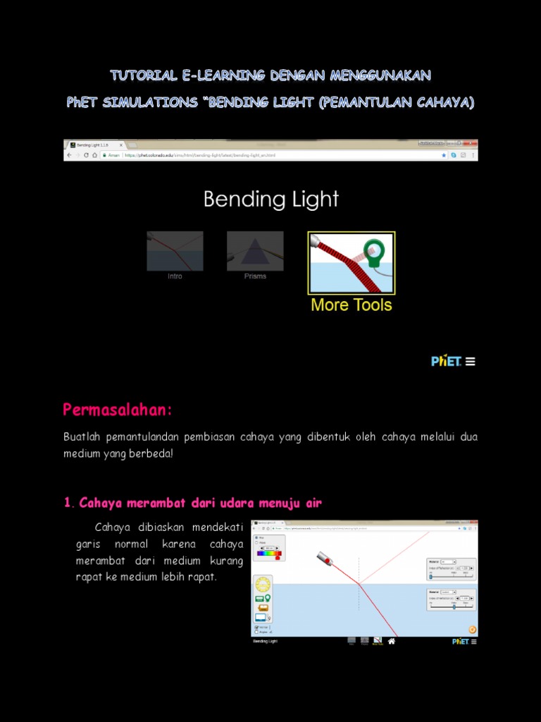 TUTORIAL E-LEARNING DENGAN MENGGUNAKAN PhET SIMULATIONS "BENDING LIGHT (PEMANTULAN CAHAYA) " | PDF