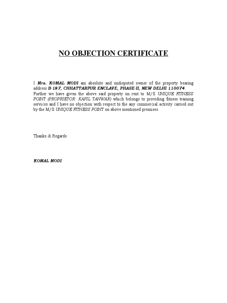 4 NOC For Rent Agreement - Unique Fitness | PDF