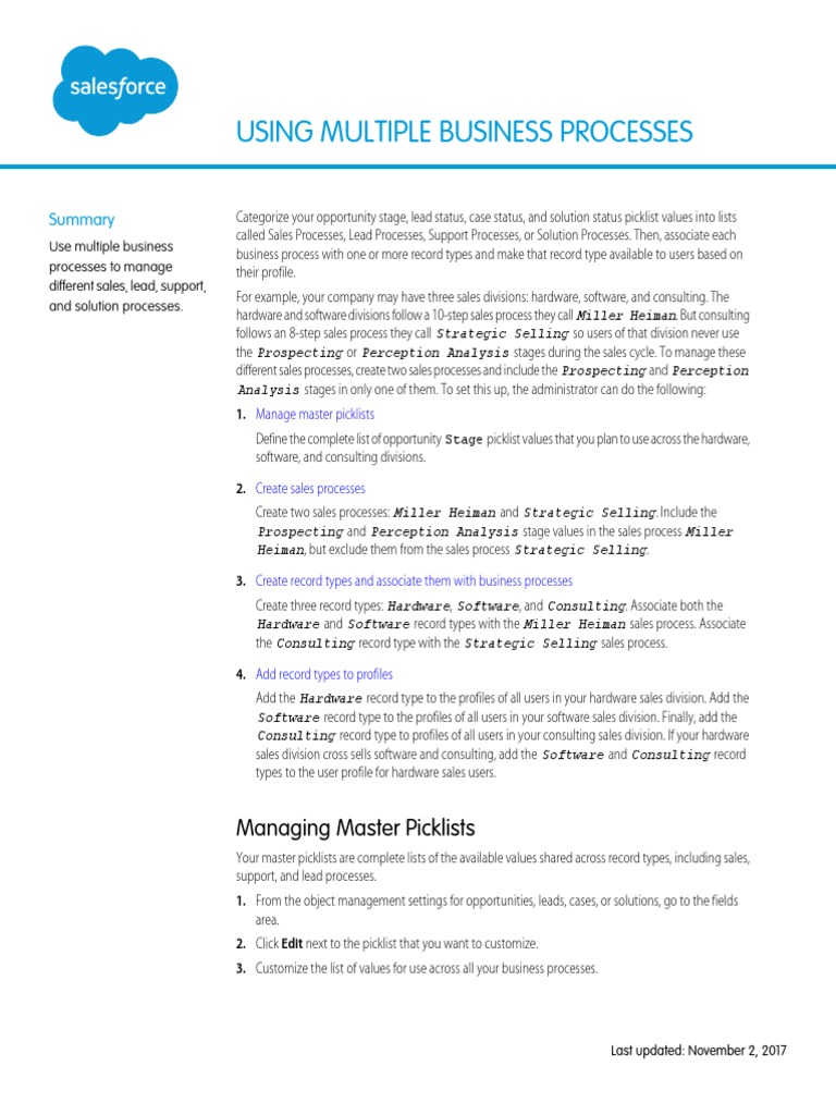 Using Multiple Business Processes: Managing Master Picklists | PDF | Business Process | Default ...
