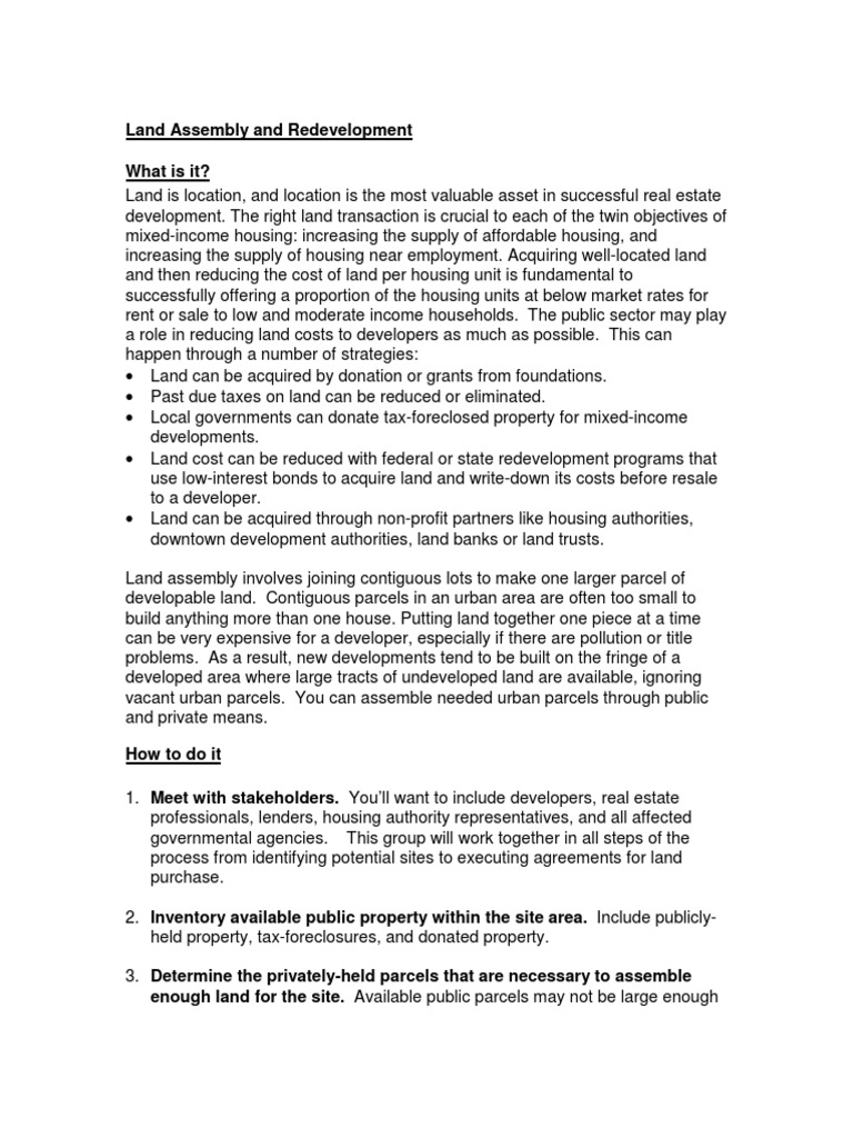 Land Assembly and Redevelopment What Is It? | PDF | Affordable Housing ...