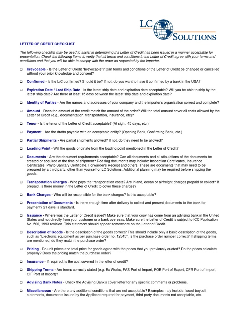 LC Checklist | PDF | Letter Of Credit | Banking