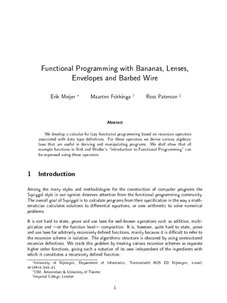 Functional Programming With Bananas, Lenses, Envelopes and Barbed Wire | PDF | Functional ...