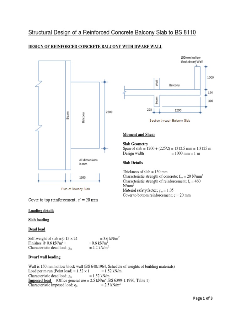 Balcony Slab Design to BS 8110 | PDF | Structural Load | Reinforced ...