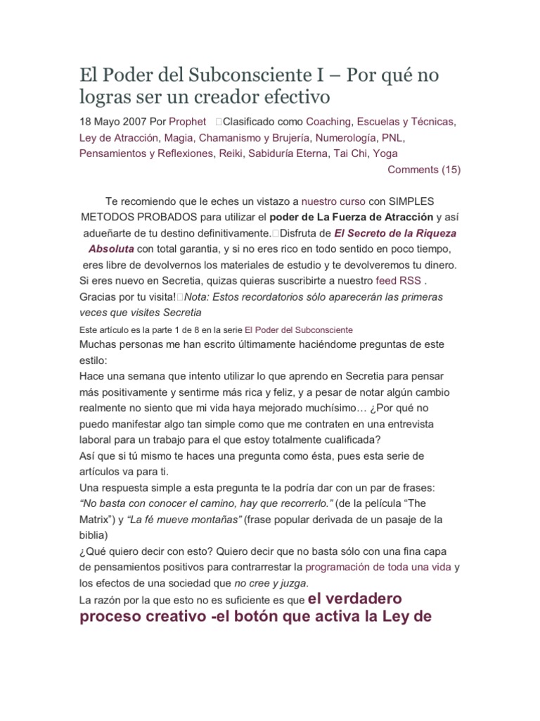El Poder Del Subconsciente | PDF | Mente | Vida