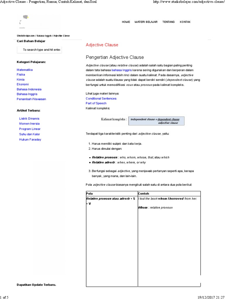 Adjective Clause: Pengertian & Contoh | PDF