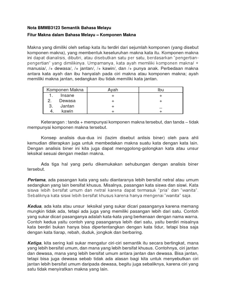 Nota BMMB3123 Semantik Bahasa Melayu Komponen Makna | PDF